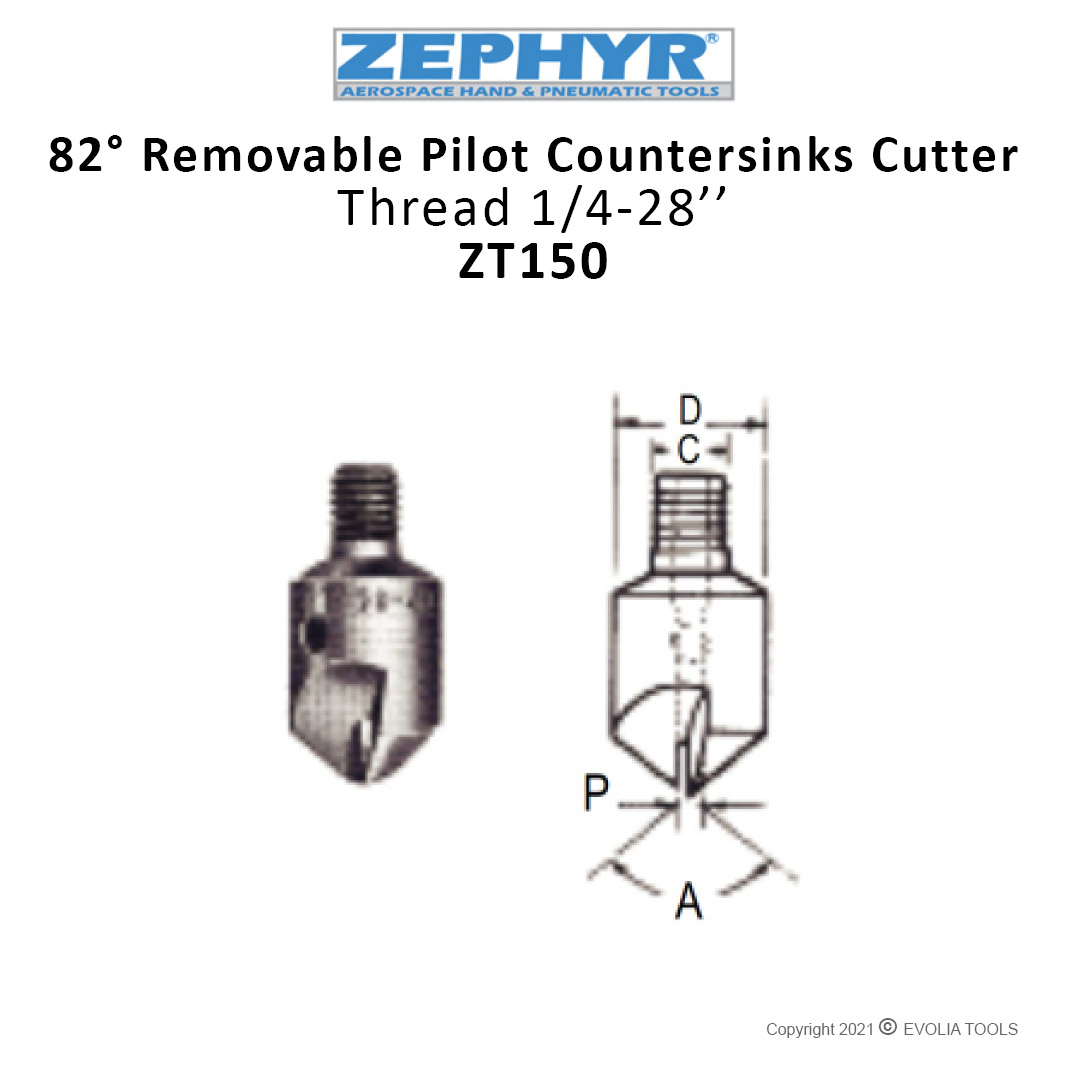 ZT150 82° REMOVABLE PILOT COUNTERSINKS CUTTER, Thread 1/4-28 - Evolia Tools