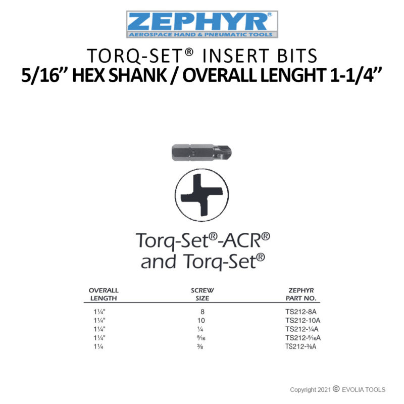 TS212-()A TORQ-SET® INSERT BITS 5/16" HEX SHANK / OVERALL LENGHT 1-1/4 ...