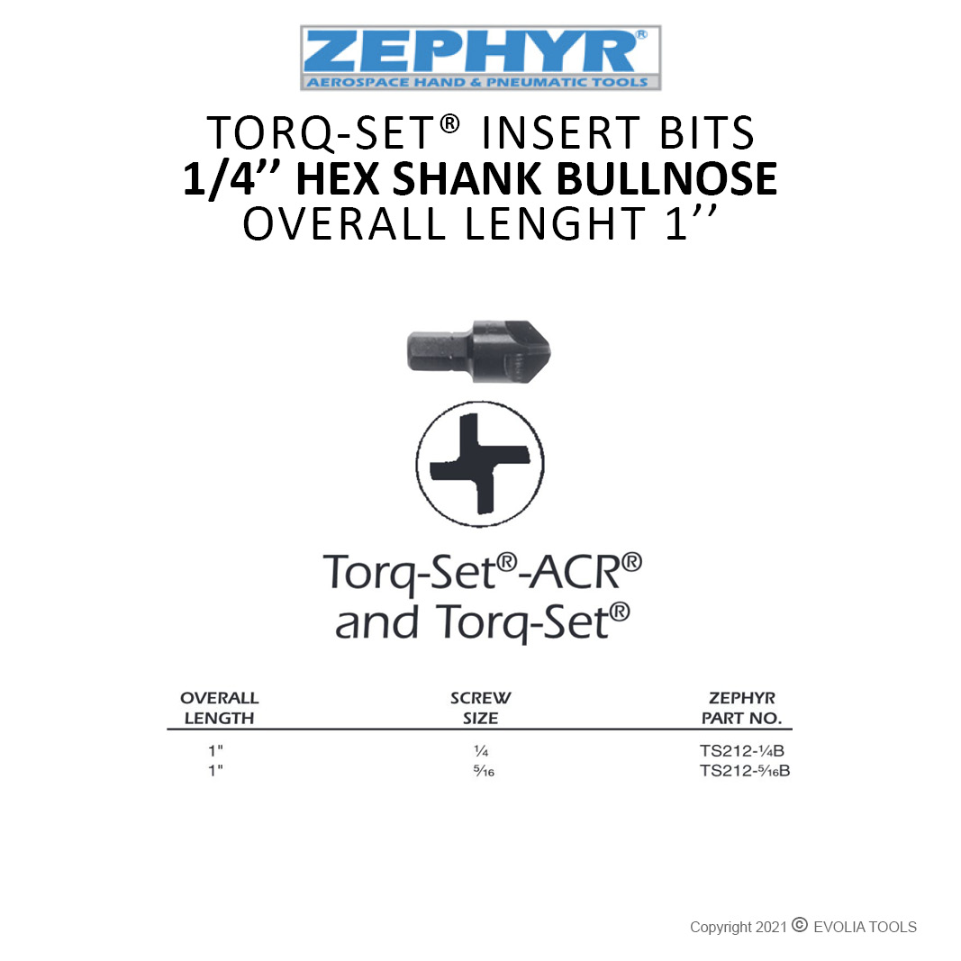 TS212-()B TORQ-SET® INSERT BITS 1/4" HEX SHANK BULLNOSE OVERALL LENGHT ...