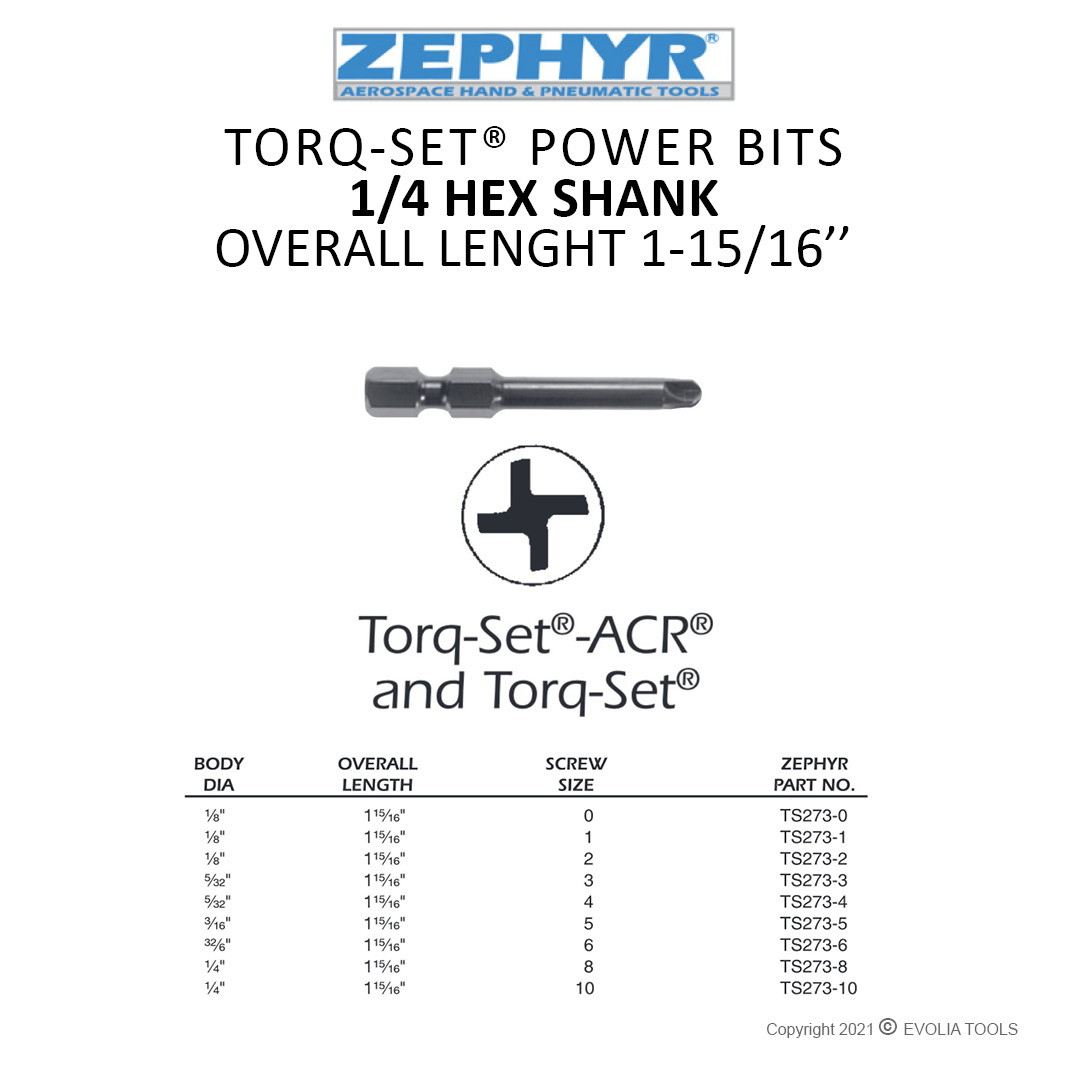 TS273-() TORQ-SET® POWER BITS 1/4" HEX SHANK / OVERALL LENGHT 1-15/16 ...